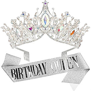 COCIDE Birthday Queen Sash & Crystal Tiara Set Birthday Silver Tiara and Crowns for Women Birthday Sash for Girls Birthday Decorations Set Rhinestone Headband Hair Accessories Glitter Sashes for Party