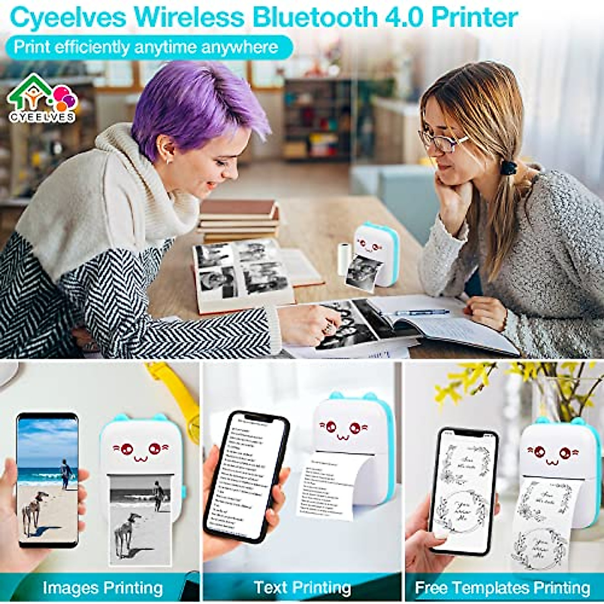 Mini Printer Portable, Pocket Thermal Printer with 6 Rolls Paper Compatible with iOS Android, Bluetooth Wireless Smart Printer for Photo Picture Office Receipt QR Code Label List Note Inkless Printing