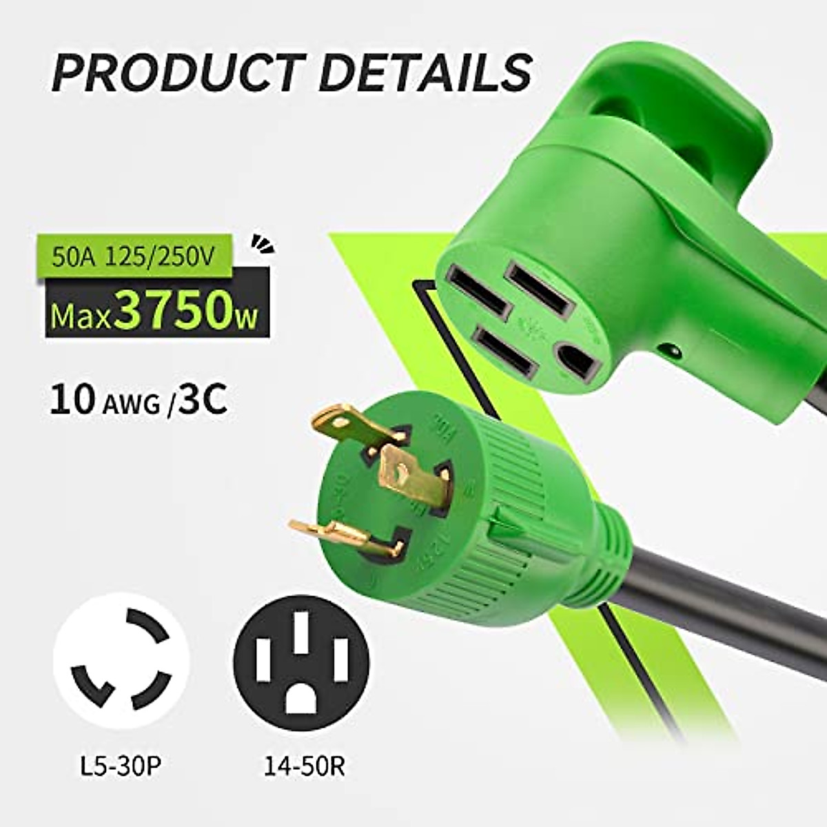 RVMATE 3 Prong 12 Inch 30 Amp to 50 Amp RV Generator Adapter Cord, STW 10/3, L5-30P Male Plug to 14-50R Female Connector with LED Indicator