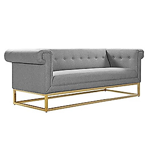 Iconic Home Palmira Sofa Button Tufted Linen-Textured Plush Cushion Brass Finished Brushed Metal Base Frame, Modern Transitional, Grey