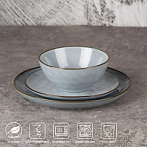 Famiware Dinnerware Sets for 4, Ocean Round 12-Piece Kitchen Plates and Bowls Sets, Reactive Glaze, Microwave and Dishwasher Safe, Scratch Resistant, Blue