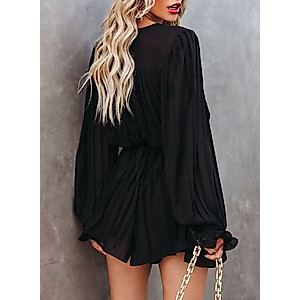 Dokotoo Womens Summer Spring Romper Ladies Elegant Plain Sexy V Neck Flared Long Sleeve Waist Tiet Pleated Drape Rompers and Jumpsuits for Women Dressy Black X-Large