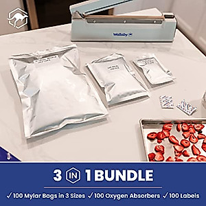 Wallaby 100 Count Mylar Bag Bundle - 5Mil Multi-Size Pouches, 100x 400cc Oxygen Absorbers, 100x Labels - Heat Sealable, Food Safe & BPA-Free - Long-Term Storage for Preppers - Silver (Flat)