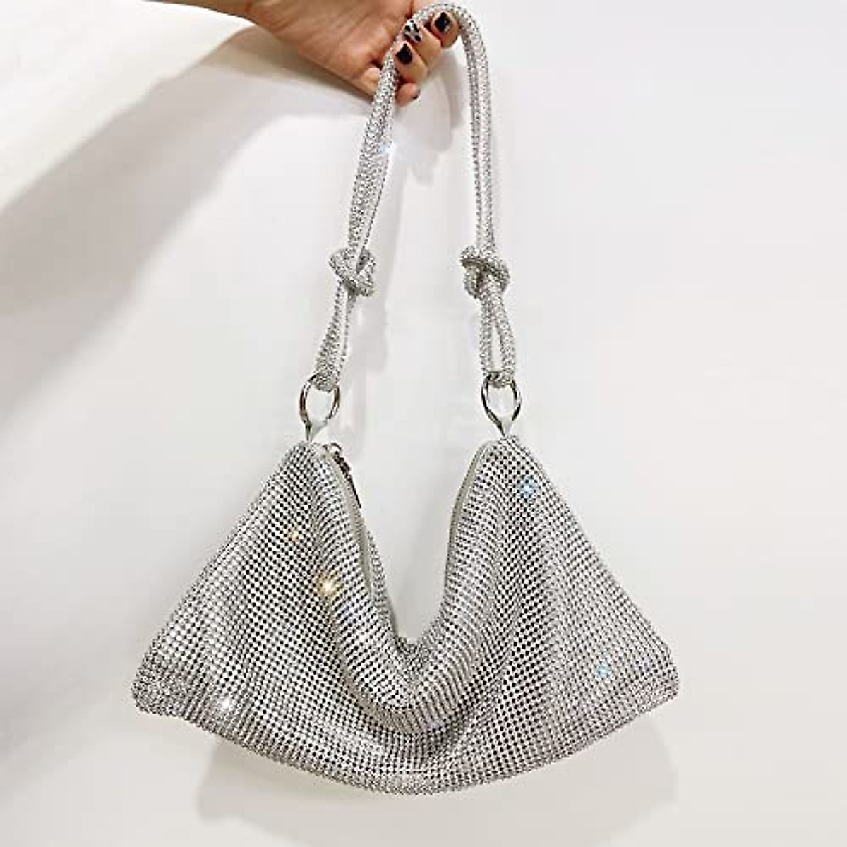 Fonzci Rhinestone Purses for Women, Silver Crystal Evening Bags Shiny Hobo Bag for Evening Party Club Bling Wedding Travel Proms Gifts Purse Shoulder Bag