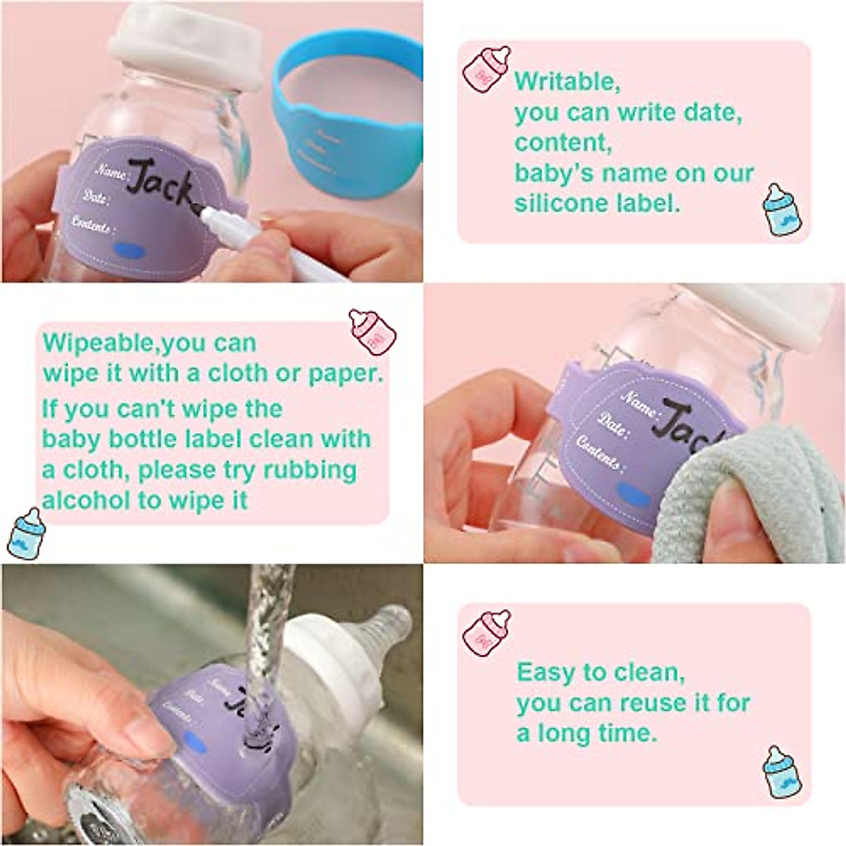 12 Pcs Baby Bottle Labels for Daycare, Silicone Daycare Bottle Labels Day Care Essentials Reusable Waterproof Water Bottle Name Bands in Shape Design with Marker Pens, 6 Colors (Dog Style)