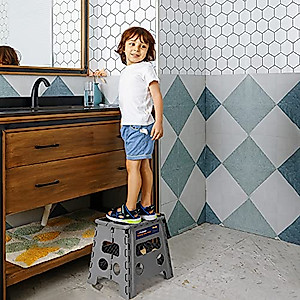 Flottian 13" Folding Step Stool for Adults and Kids Holds Up to 300 lbs,Non-Slip Folding Stools with Handle, Compact Plastic Foldable Step Stool for Bathroom,Bedroom, Kitchen Gray,1PC