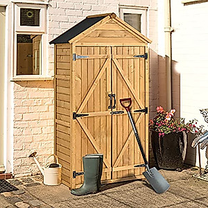 Lifeand 5.8ftx3ft Outdoor Wood Lean-to Storage Shed Tool Organizer with Waterproof Asphalt Roof, Lockable Doors, 3-Tier Shelves for Backyard, Natural