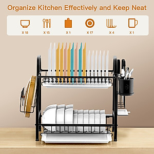 MERRYBOX Dish Drying Rack, 2 Tier Stainless Steel Plate Dish Rack Drainboard Set with 3 Trays, Utensil Holder, Cutting Board Holder, Anti-Rust Dish Drainer for Kitchen Counter Space Saving
