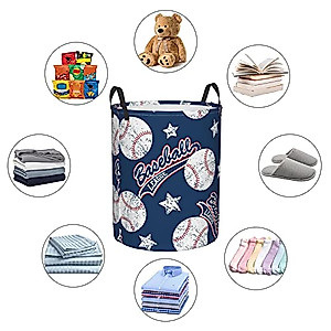 Baseball Laundry Hamper Collapsible Laundry Baskets with Handles Dirty Foldable Clothes Basket Easy Carry Laundry Bag Round Storage Basket for Bedroom Toy Blue
