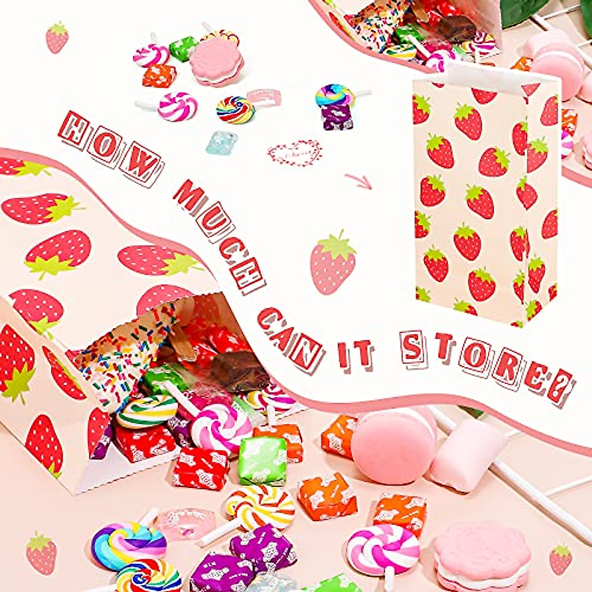 20 Pieces Strawberry Paper Bags Strawberry Party Favor Paper Bags Strawberry Goodie Bags Snake Candy Treat Bags for Strawberry Themed Birthday Party Decoration Supplies