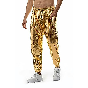 GRAJTCIN Metallic Shiny Jogger Sweatpants for Men 70s/80s Disco Party Rave Sequin Pants Elastic Trousers for Men with Pockets Solid Gold L