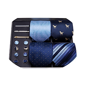 Barry.Wang Designer Blue Ties for Men Handkerchief Cufflink and Tie Clip Necktie Set Fashion
