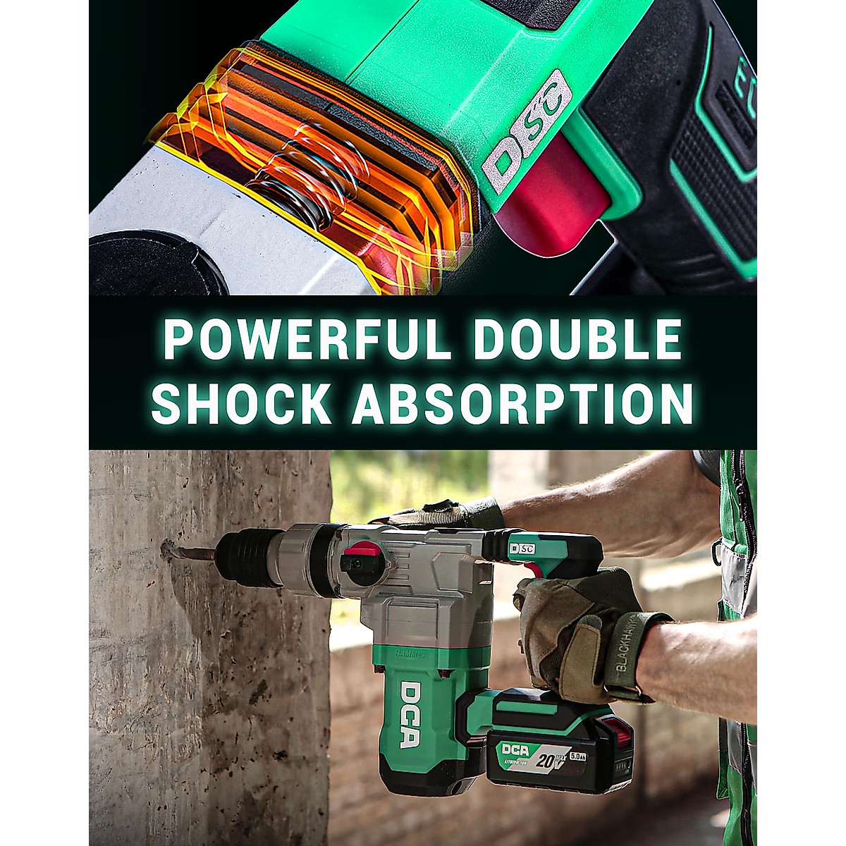 DCA 20V MAX Brushless Rotary Hammer Drill, 4.5 Joule, 3800BPM, 1-1/8 Inch SDS-Plus, Cordless Heavy Duty Rotary Hammer Drill, 5.0Ah Battery, 4A Fast Charger, Safety Clutch, 4 Drill Bits and 2 Chisels