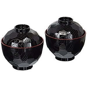 JapanBargain 1904x2, Set of 2 Miso Soup Bowl with Lid Japanese Rice Bowl Traditional Plastic Lacquered Black and Red Bowl Made in Japan