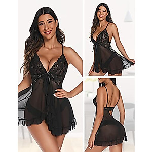 Queenfox Lingerie for Women Front Closure Babydoll Lace Chemise V Neck Ruffle Nightgown Sleepwear Black