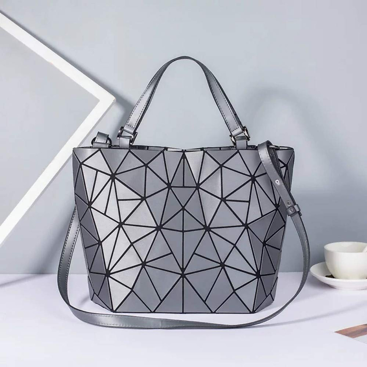 Kbinter Geometric Luminous Purses and Handbags Shard Lattice Eco-Friendly Artificial Leather Rainbow Holographic Purse, Silver, Large