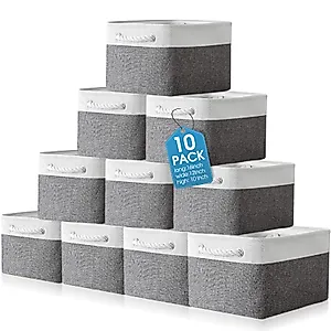 FoldTier 10 Pack Large Fabric Storage Baskets with Handles Collapsible Storage Baskets for Shelves Decorative Storage Bins for Organizing Shelf Toys Clothes(White & Gray,16 x 12 x 10 Inches)