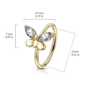 Pierced Owl 20GA CZ Crystal Butterfly Bendable Annealed Nose Cartilage Ring (Silver Tone)
