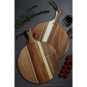 Elevkin Round Cutting Board, Acacia wood cutting board for kitchen, Charcuterie Boards and Cheese Serving Platter for Meat, Bread and Crackers, Deviled Egg Plates & Pizza Peel for Party, 12 x 16 inch