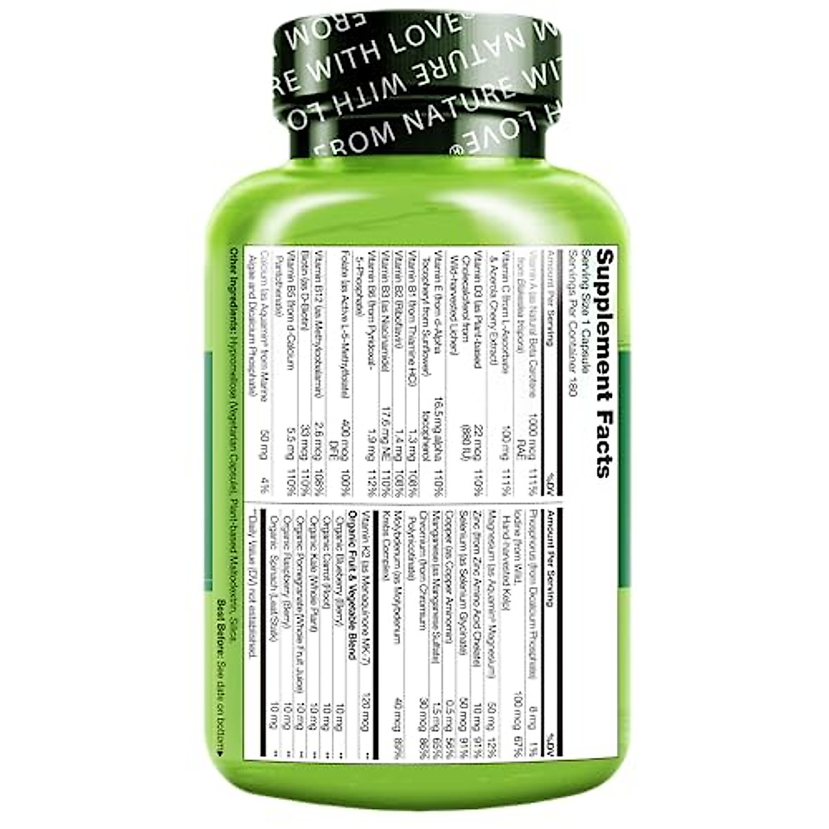 NATURELO One Daily Multivitamin for Men - with Vitamins & Minerals + Organic Whole Foods - Supplement to Boost Energy, General Health - Non-GMO - 180 Capsules