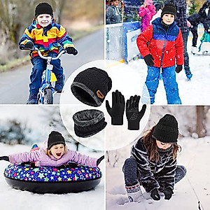 Kid Hat Scarf Gloves Set - Winter Knit Beanie Cap Neck Warmer Touch Screen Mitten Boy Girl 5-10 Year