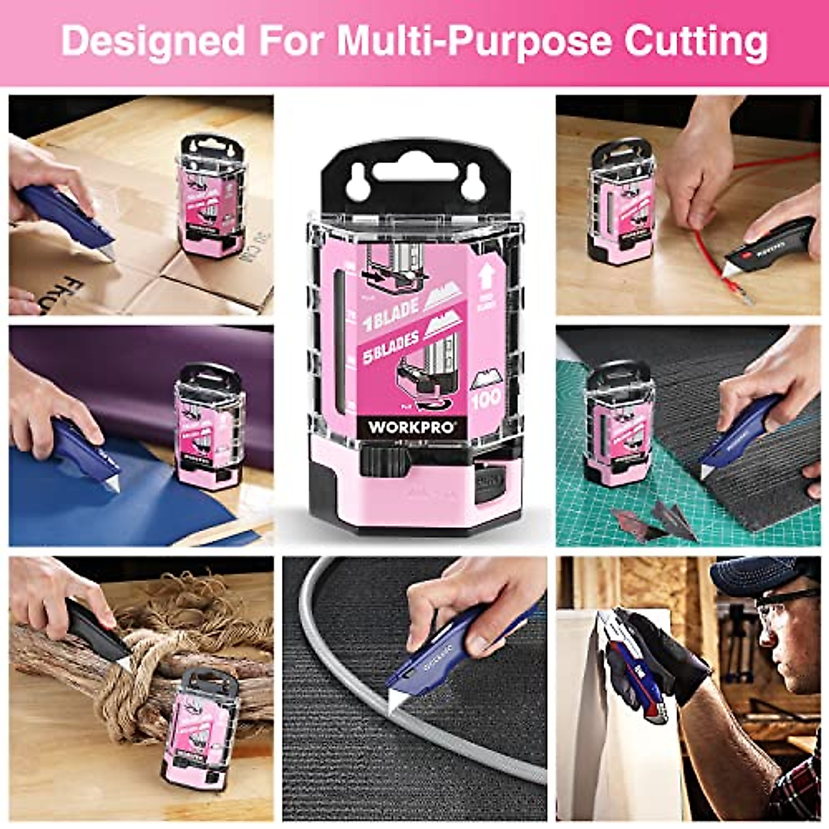 WORKPRO 100-Pack Utility Blades Replacement with Dispenser and Pink Folding Utility Knife with 10 Extra Blades