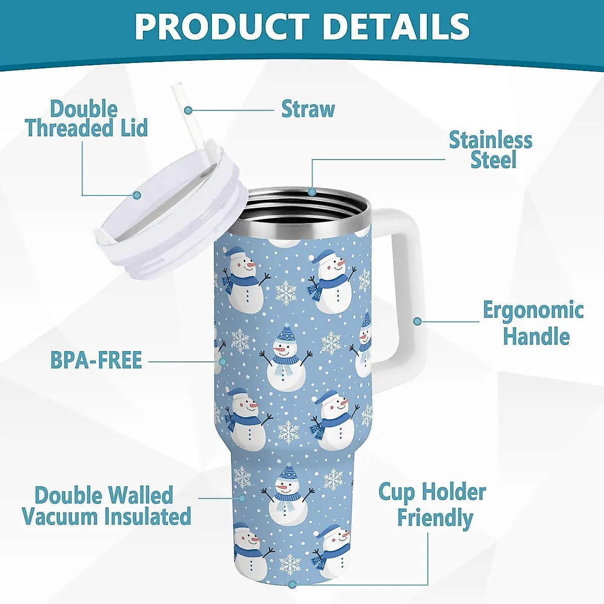 Emelivor Christmas Snowman 40 oz Tumbler with Lid and Straw Insulated Tumblers with Handle Travel Coffee Mug Cup Large Water Bottles Cup for Hot and Iced Cold Drinks