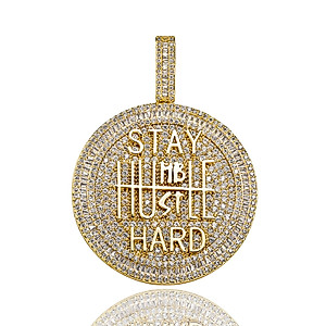 ICEDIAMOND 14K Gold Plated Stay Humble-Hustle Hard Encourage Pendant Necklace, Iced Out CZ Diamond Hip Hop Charm Jewelry for Men Women (Gold)