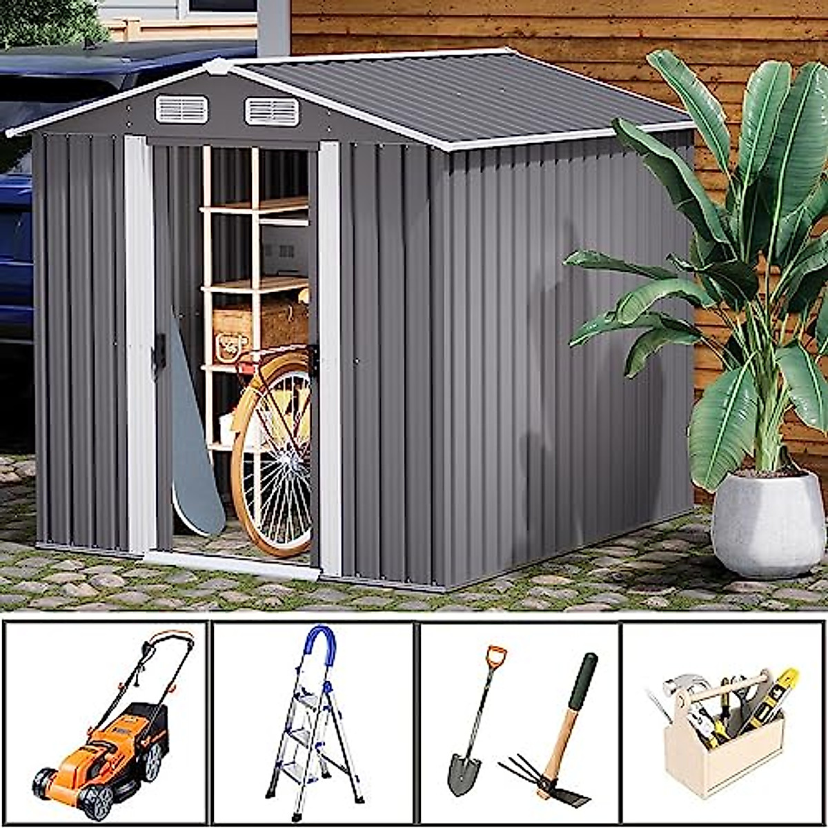 6x6 Ft Outdoor Storage Shed Garden Shen,Outdoor Shed Metal Shed with Lockable Doors,Large Garden Shed Bike Storage,Perfect to Store Tools,Bike,Lawn Mower
