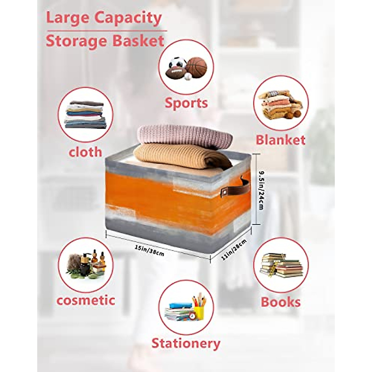 Orange Grey Storage Bins 1 Pack, Large Waterproof Storage Baskets for Shelves Closet, Modern Oil Painting Ombre Abstract Aesthetics Storage Basket Foldable Storage Box Cube Organizer with Handles