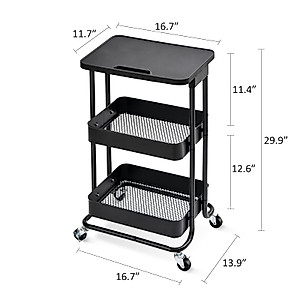 TOOLF 3-Tier Metal Rolling Storage Cart with Tabletop, Utility Rolling Carts with Wheels,Trolley Organizer with Handle for Library Office Classroom Home Bedroom, Black