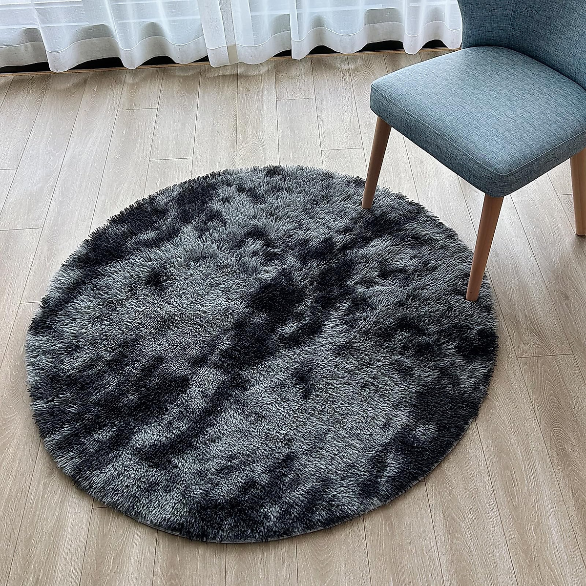 ConCus-T Dark Grey Round Area Rugs Fluffy Circle Rug Shag Round Rugs for Bedroom Living Room Non-Slip Faux Fur Plush Area Rug Kids Teen Exquisite Room Decor, Tie-Dye Dark Grey, 4x4 Feet