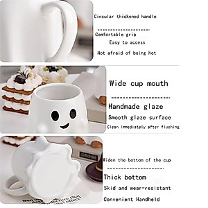 TariWisley Ghost Mug and Spoon Combination Halloween Ghost Cup Halloween Ghost Cute Ceramic Cup Home Office Decoration Ceramic Cup (Ghost Cup with Lid)