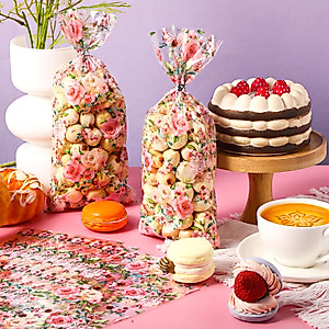 Outus 100 Pieces Eucalyptus Party Cellophane Treat Bag Floral Candy Bags for Baby Shower Wedding Bridal Shower Supplies Favors Decorations Birthday Theme Greenery Floral Graduation Decor (Flowers)