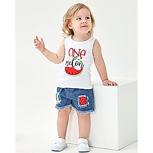 Mikrdoo Toddler Girl Summer Outfits Sleeveless Watermelon Tank Top + Denim Shorts Clothing Set (12-18 Months, White)