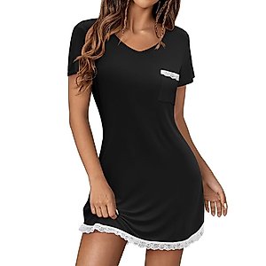 Ekouaer Women's Nightgown Sleepwear Soft Sleepshirt Short Sleeve Nightshirt Sexy Pajama Dress Black S