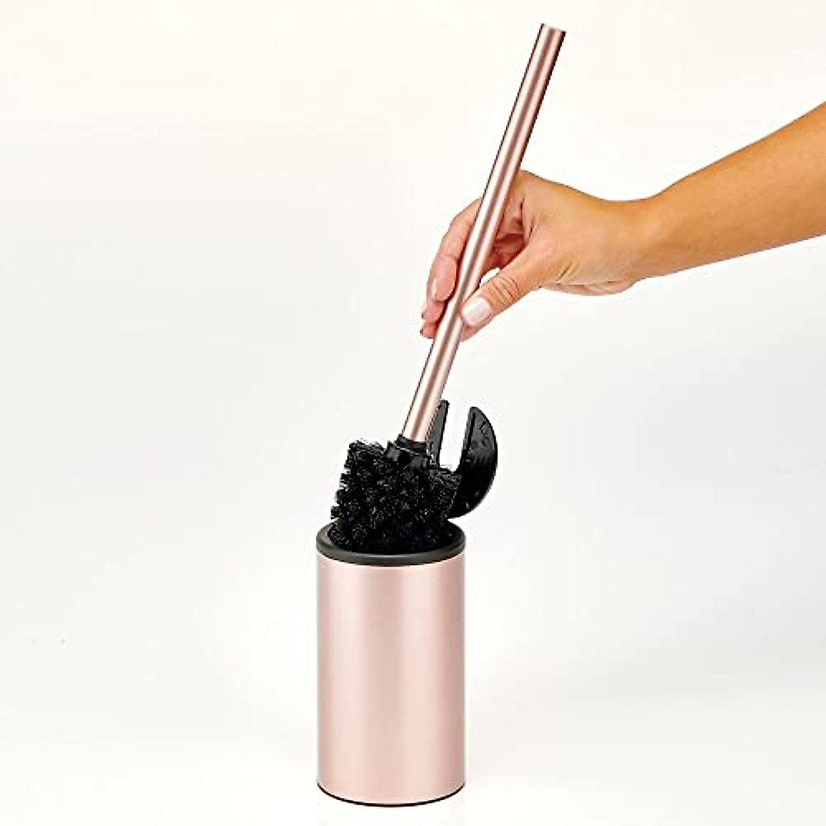 mDesign Slim Stainless Steel Toilet Bowl Brush and Holder + Round Gallon Step Garbage Can Wastebasket Bin for Bathroom Cleaning/Storage - Holder for Garbage and Waste - Set of 2 - Rose Gold/Black