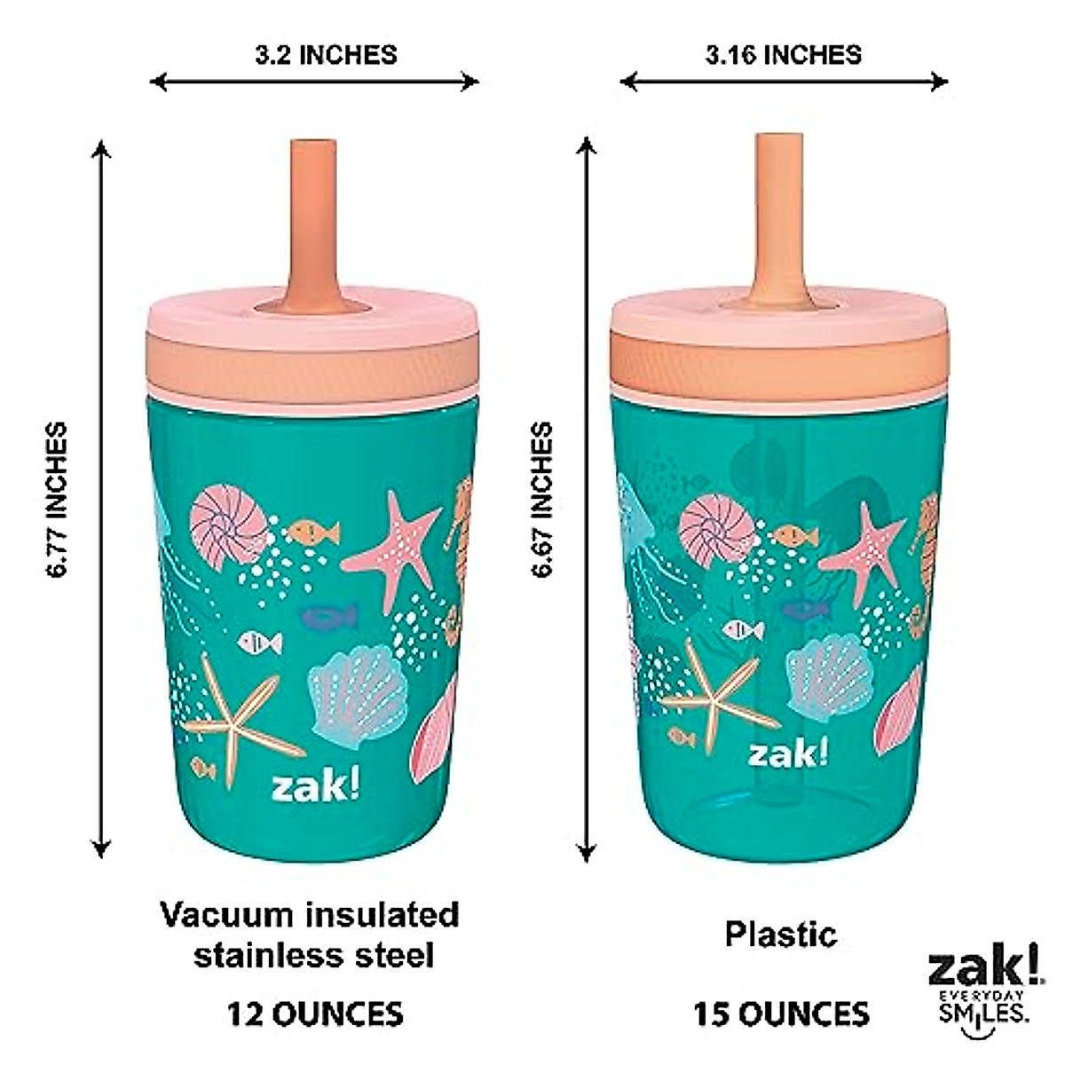 Zak Designs Shells Kelso Tumbler Set, Leak-Proof Screw-On Lid with Straw, Bundle for Kids Includes Plastic and Stainless Steel Cups with Bonus Sipper (3pc Set, Non-BPA) 15 fl.oz.