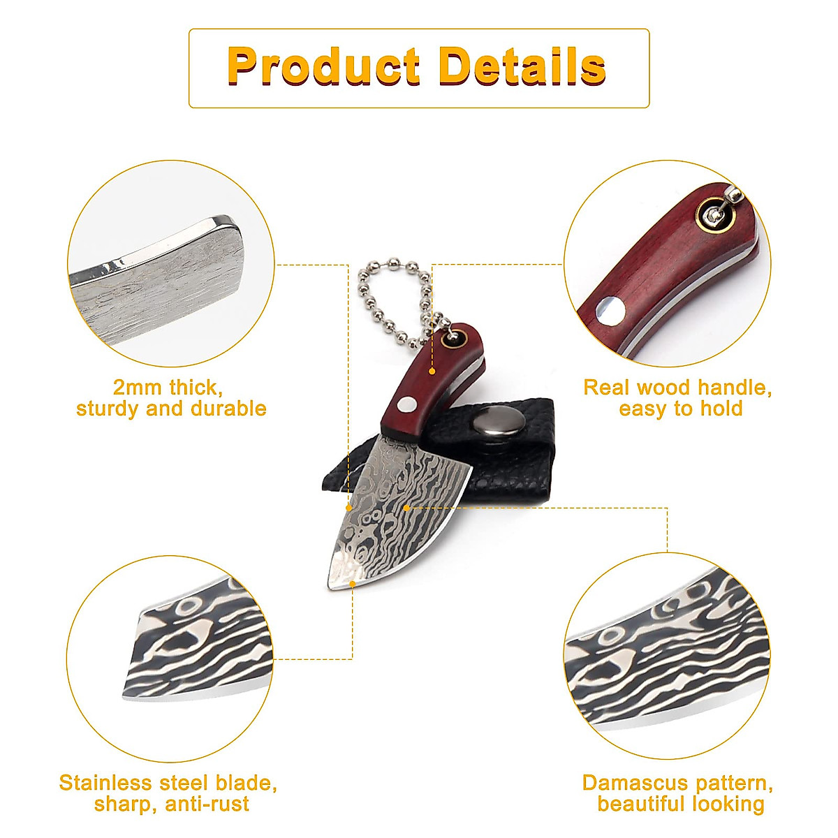 Coitak Damascus Pocket Knife Set, Mini Chef Knife Set, Tiny Keychain Knife with Sheath for Package Opener Box Cutter, Set of 4