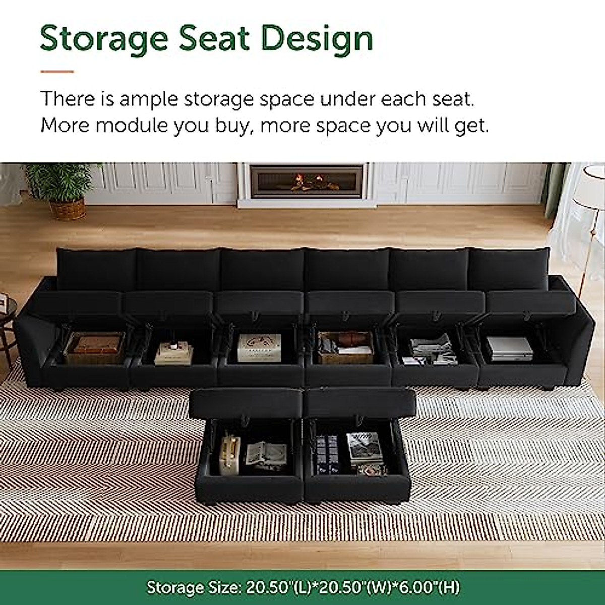 HONBAY Flexible Modular U Shaped Sofa, Black, Wood, 112.60 x 81.50 x 33.90 in