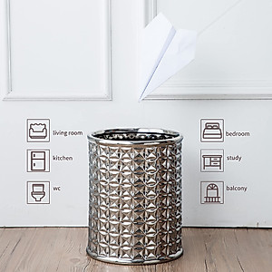 Round Silver Trash Can, Small Wastebasket, Garbage Receptacle Bin for Bathrooms, Powder Rooms, Kitchens, Home Offices - Durable Ceramics