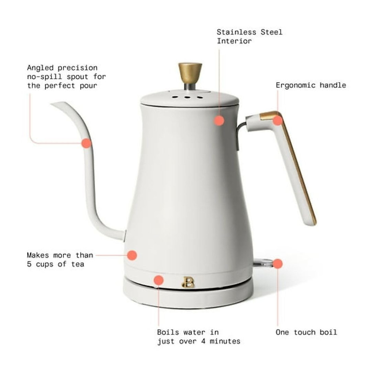 1-Liter Electric Gooseneck Kettle 1200 W, White Icing by Drew Barrymore
