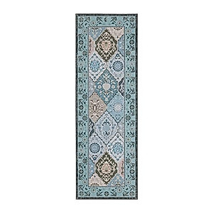 Phantoscope Hallway Runner Rug 2'x6' - Vintage Washable Non-Slip Kitchen Rug Runner with Rubber Backing, Ultra-Thin Moroccan Boho Carpet Runner for Entryway Laundry Bathroom, Blue Teal/Multi