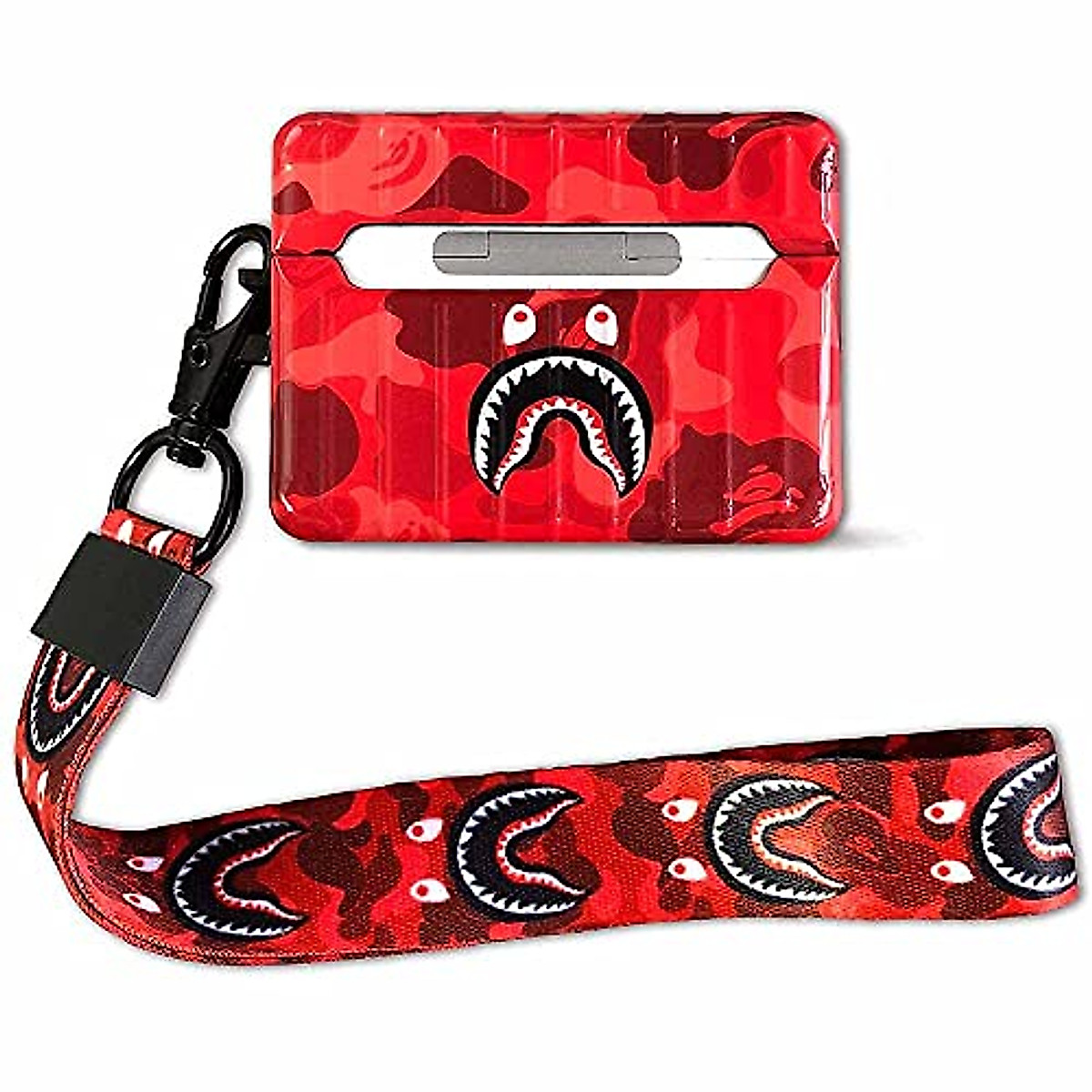 Camouflage Shark Mouth Silicone AirPods Pro Case Anti-Lost with Wrist Lanyard, Smooth EarPods Case for AirPods Pro Trunk Charging Case Fashion Shockproof Cover for Couples (Red)
