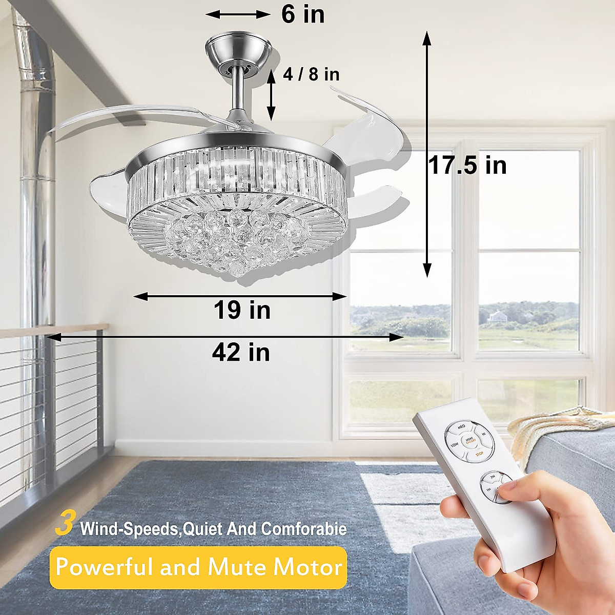 RuiWing 42'' Modern Fandelier Crystal Ceiling Fan with LED Light and Remote Control 3 Light Changes 3 Speeds Noise-Free Chandelier Ceiling Fan for Bedroom Indoor Living Room