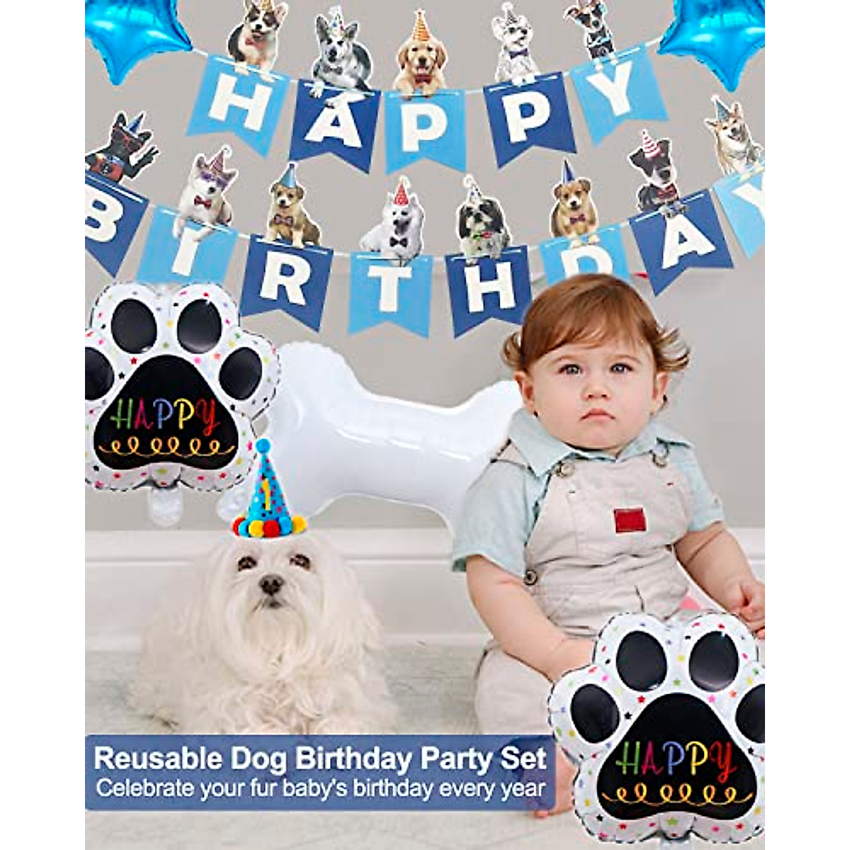 Hollucky Dog Birthday Party Supplies,Dog Party Decorations Set with Dog Birthday Hat,Birthday Banner,Dog Paw Bone Balloon,Dog Birthday Bandana for Large Dogs Pets,Puppy Supplies,Dog Birthday Gift