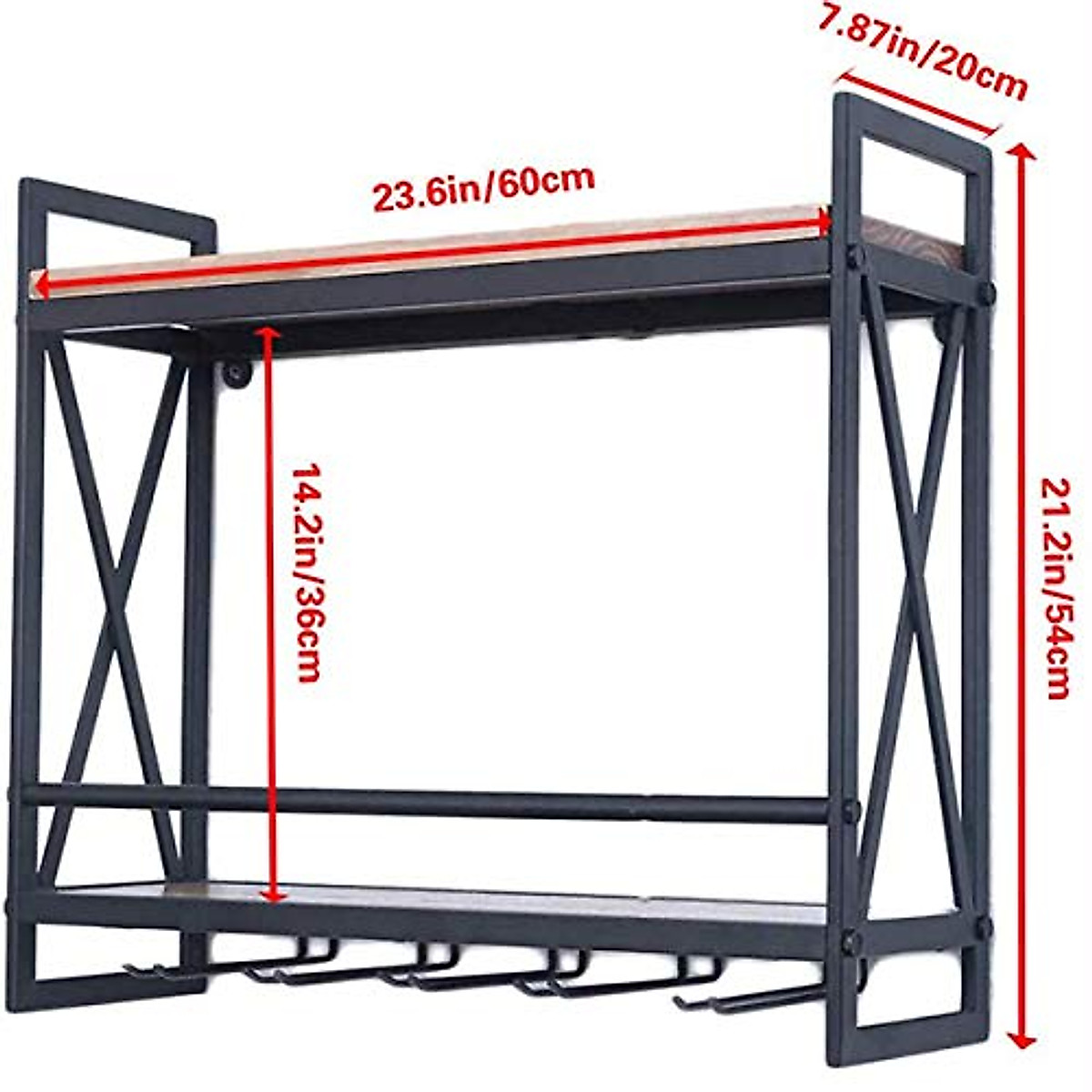 Small and Beauty Wine Glass Rack Wall Mounted,23.6in Industrial Wall Wine Racks for Wine Bottles,2-Tier Wood Shelf Wine Holder,Hanging Wine Racks with 5 Stem Glass Holder,Mugs Racks(Black Metal)