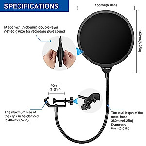 Aokeo Professional Microphone Pop Filter Mask Shield • For Blue Yeti and Any Other Microphone • Mic Dual Layered Wind Pop Screen • With A Flexible 360° Gooseneck Clip Stabilizing Arm