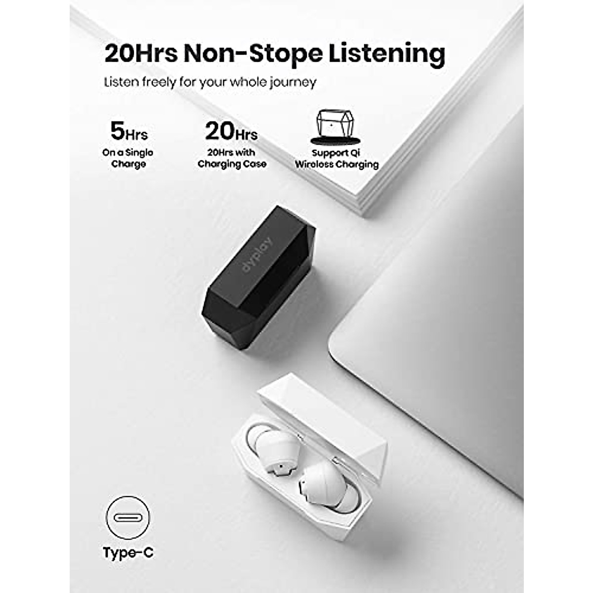 dyplay Bluetooth 5.0 Wireless Earbuds with Qi Wireless Charging Case Touch Control in Ear Waterproof TWS Stereo Headphones with Mic and Deep Bass Sound Headsets for Music/Work/Travel