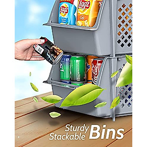 Skywin Plastic Stackable Storage Bins for Pantry - Stackable Bins For Organizing Food, Kitchen, and Bathroom Essentials (Grey, 2-Pack)